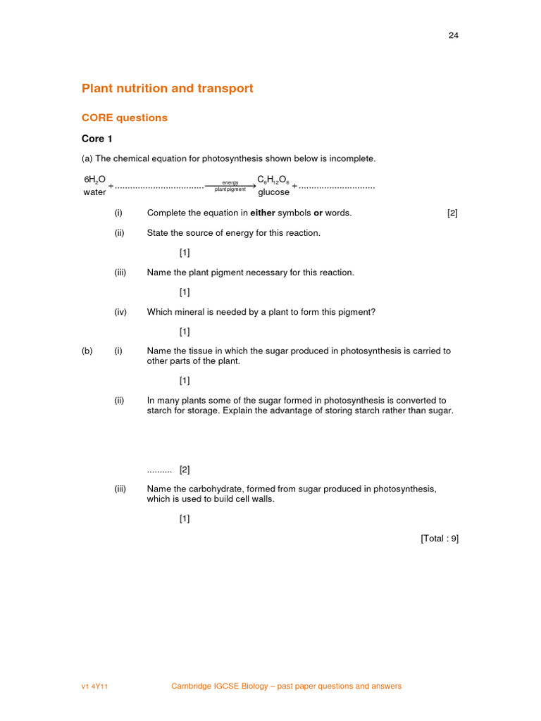 Plant Nutrition and Transport CIE iGCSE 0610 PPQ | PDF | Stoma | Biology