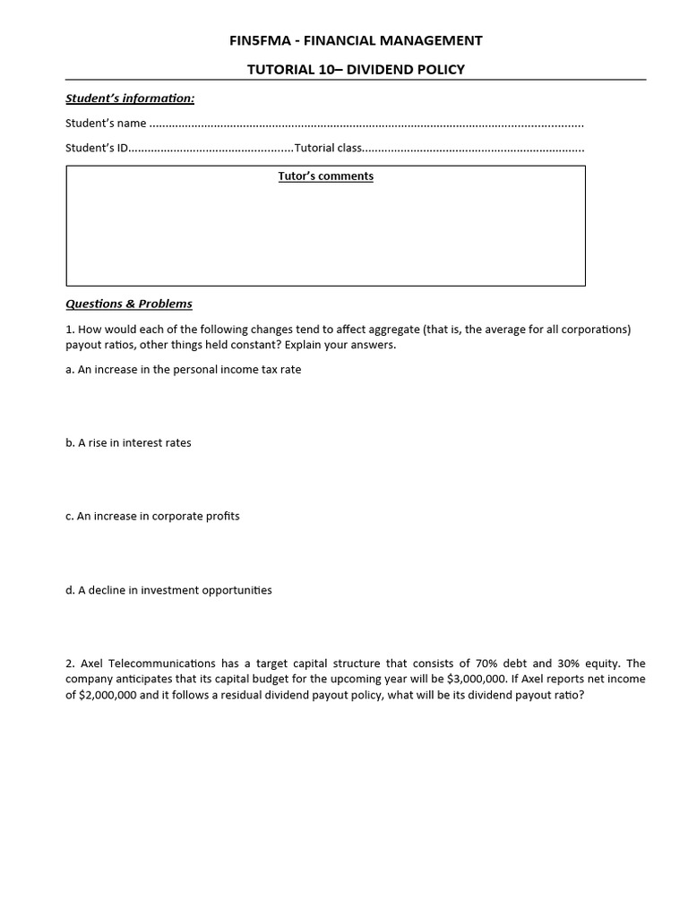 2023 - Tutorial 11 - Dividend Policy | PDF | Dividend | Capital Structure