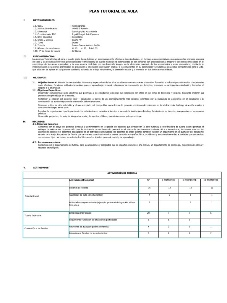 PLAN TUTORIAL DE AULA | PDF | Maestros | Escuelas