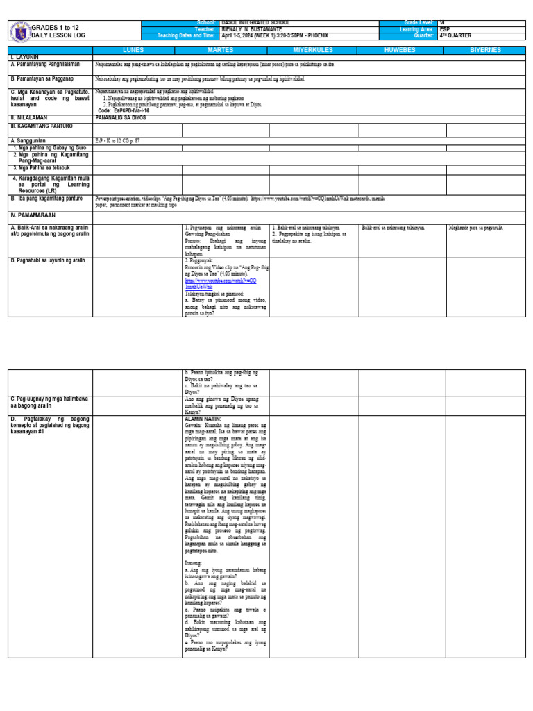 DLL - Esp 6 - Q4 - W1 | PDF
