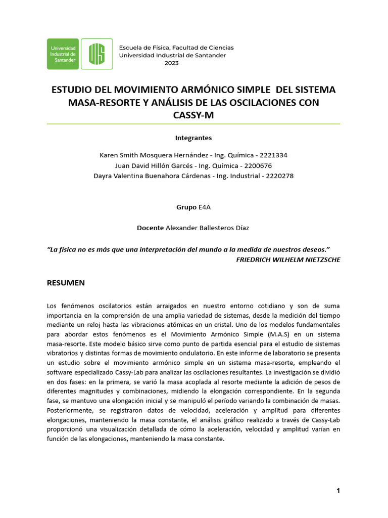 ESTUDIO DEL MOVIMIENTO ARMÓNICO SIMPLE DEL SISTEMA MASA-RESORTE Y ANÁLISIS DE LAS OSCILACIONES ...