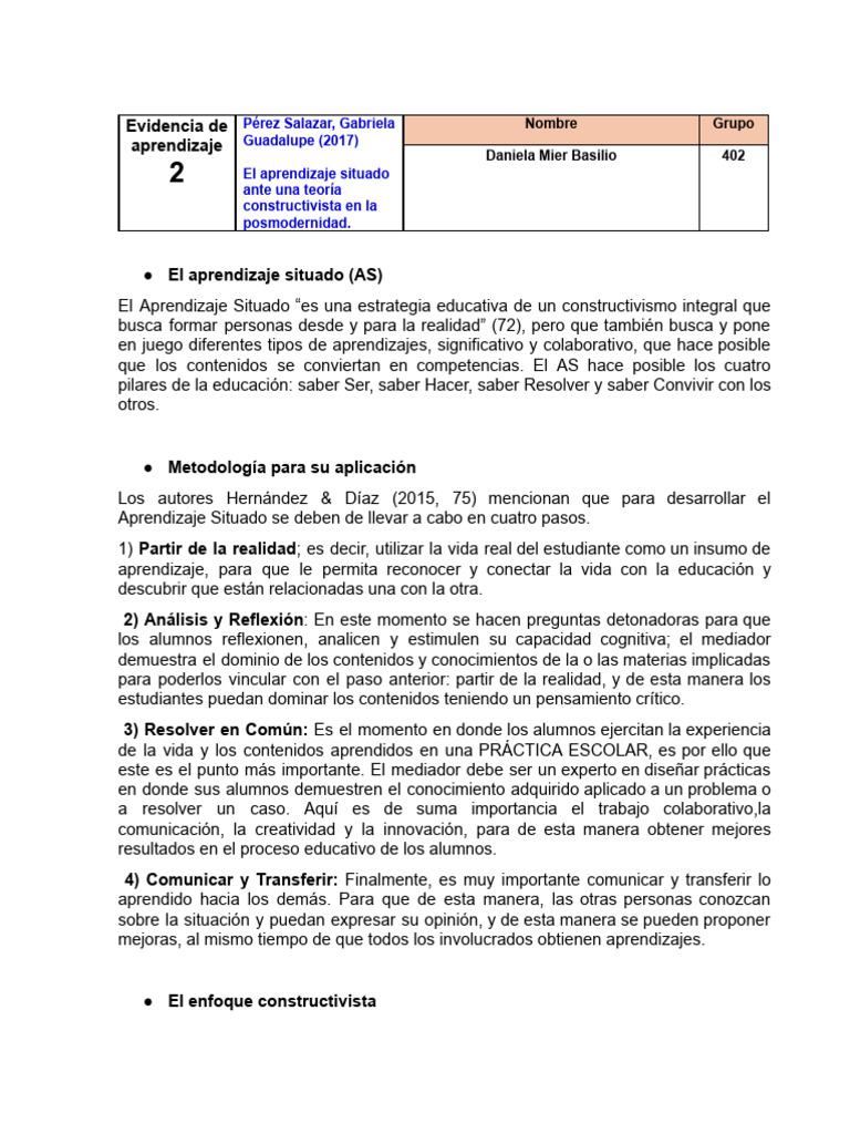 EVIDENCIA 2 El aprendizaje situado | PDF | Constructivismo (filosofía de la educación) | Aprendizaje