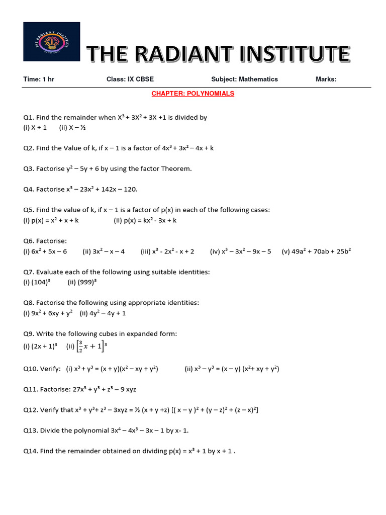 Class IX CBSE Polynomial Problems | PDF