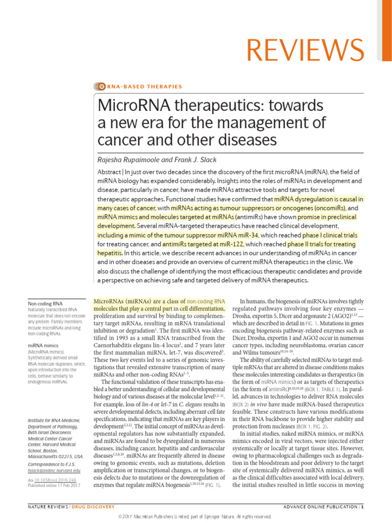 MicroRNA Therapeutics - Towards A New Era For The Management of Cancer ...