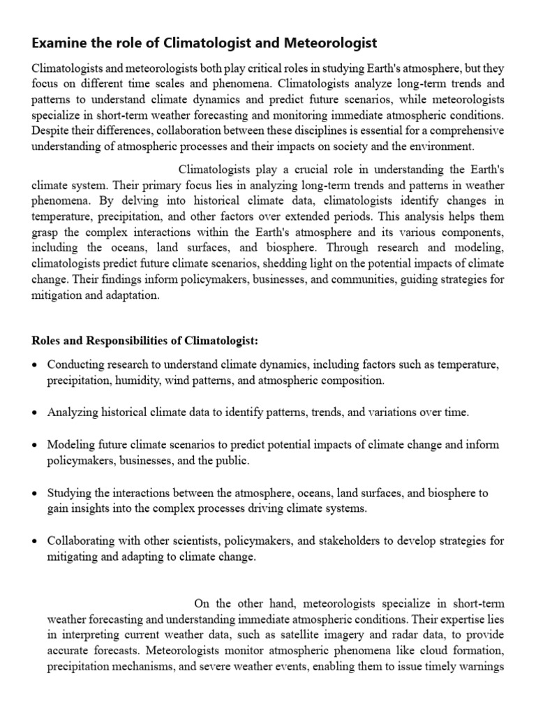 Examine the role of Climatologist and Meteorologist | PDF | Climatology ...
