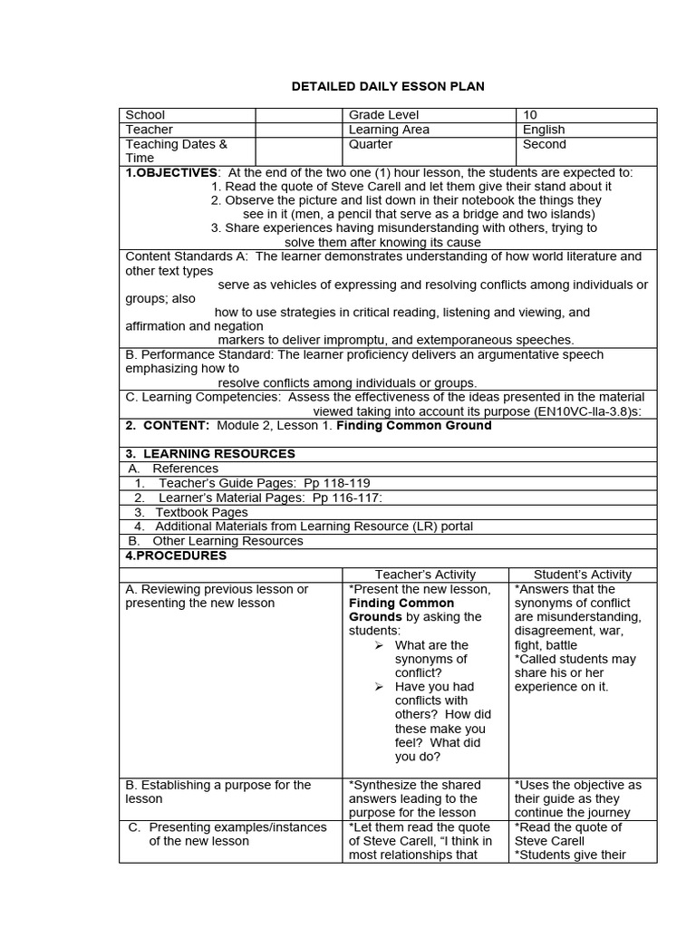 DLP IN ENGLISH 10 EXEMPLAR-MELENDEZ | PDF | Learning | Teachers