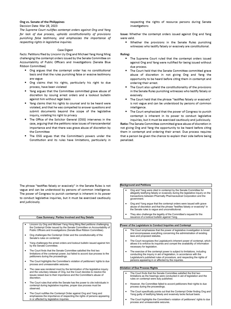 Supreme Court Ruling on Ong v. Senate | PDF | Contempt Of Court | Arrest
