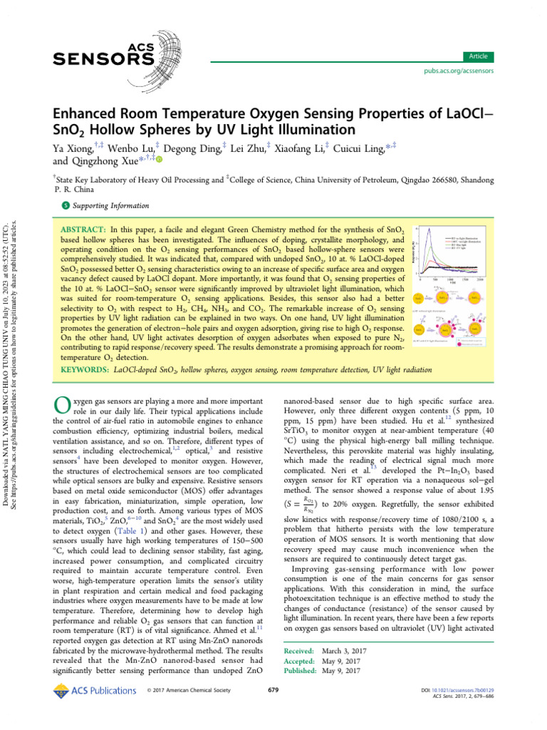 Enhanced Room Temperature Oxegen Sensing Properties of LaOCl-SnO2 by UV ...