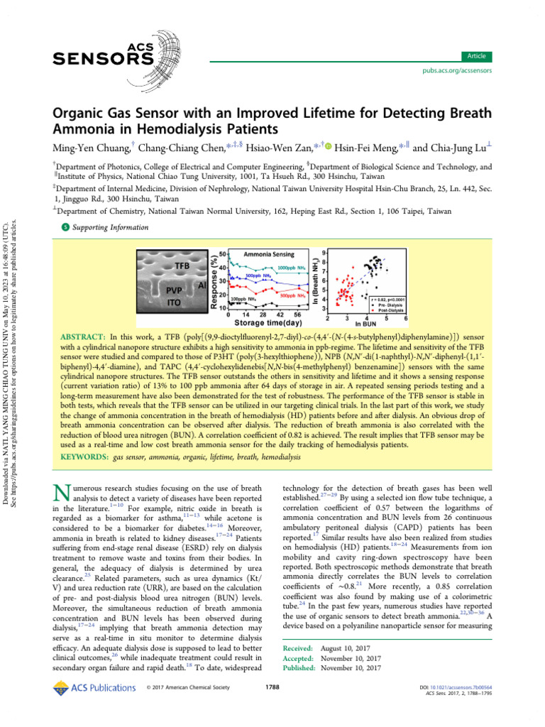 Organic Gas Sensor With An Improved Lifetime For Detecting Breath Ammonia in Hemodialysis ...