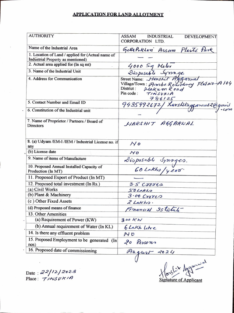 Application For Land Allotment | PDF