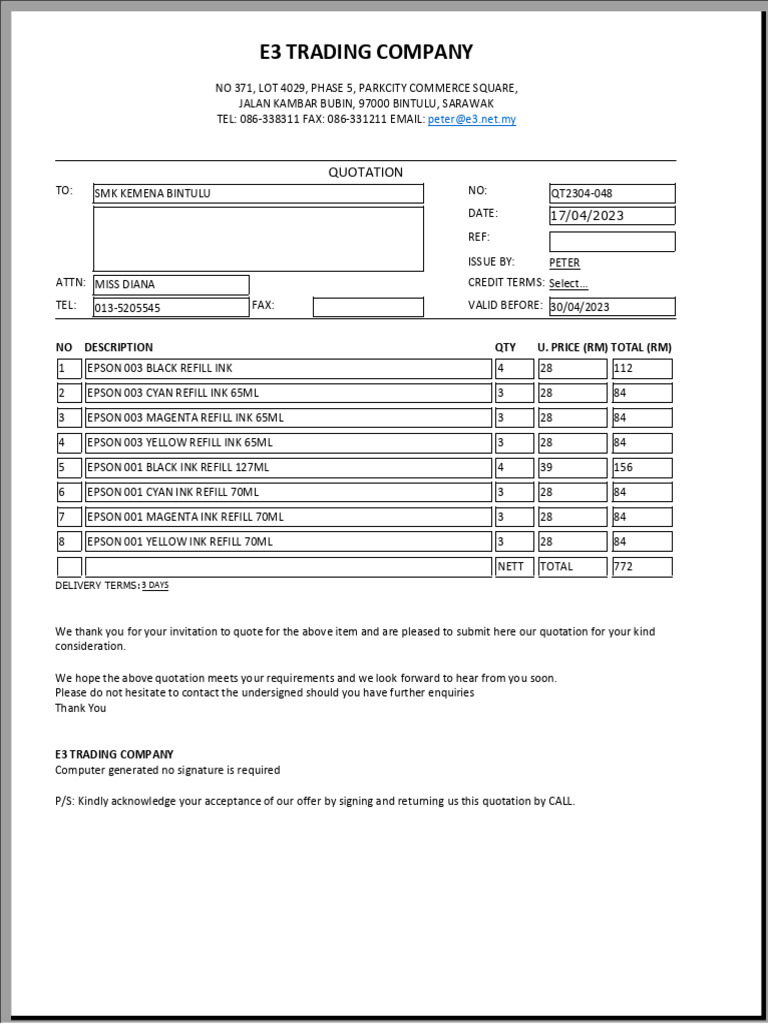 Quotation Ink Printer (QT2304-048 SMK Kemena) | PDF | Graphic Design ...