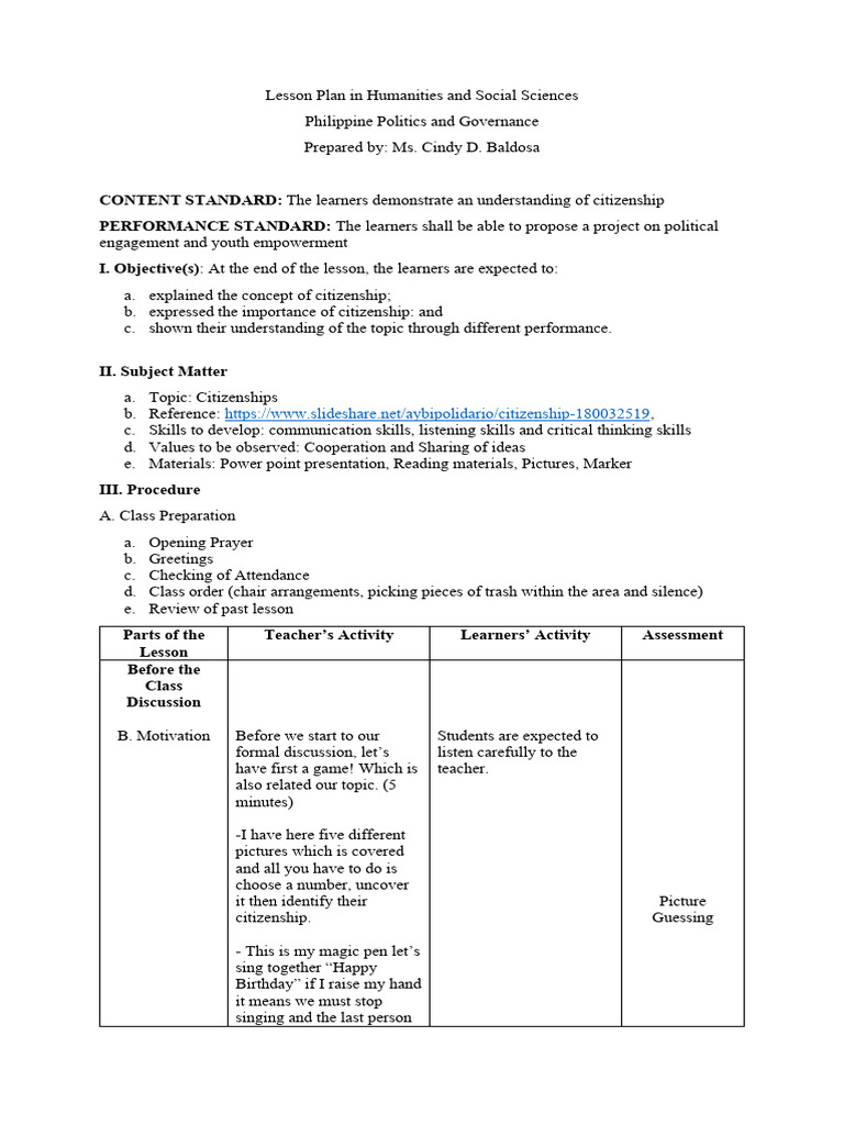 Lesson-Plan-in-Humanities-and-Social-Sciences-Citizenship | PDF ...