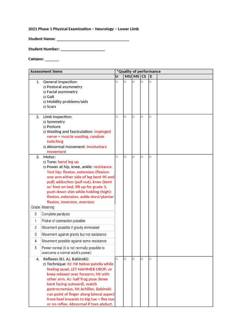Phase 1 Rubric - Neurology - Lower Limb - 2021 Student | PDF ...