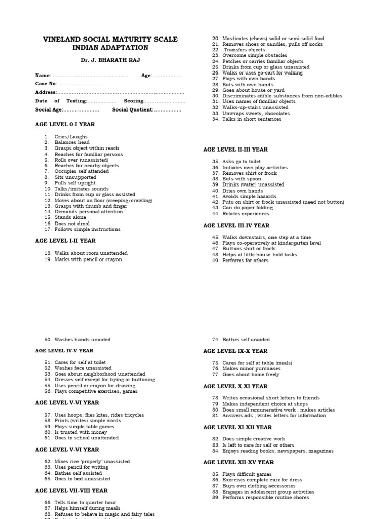 Vineland Social Maturity Scale Guide | PDF