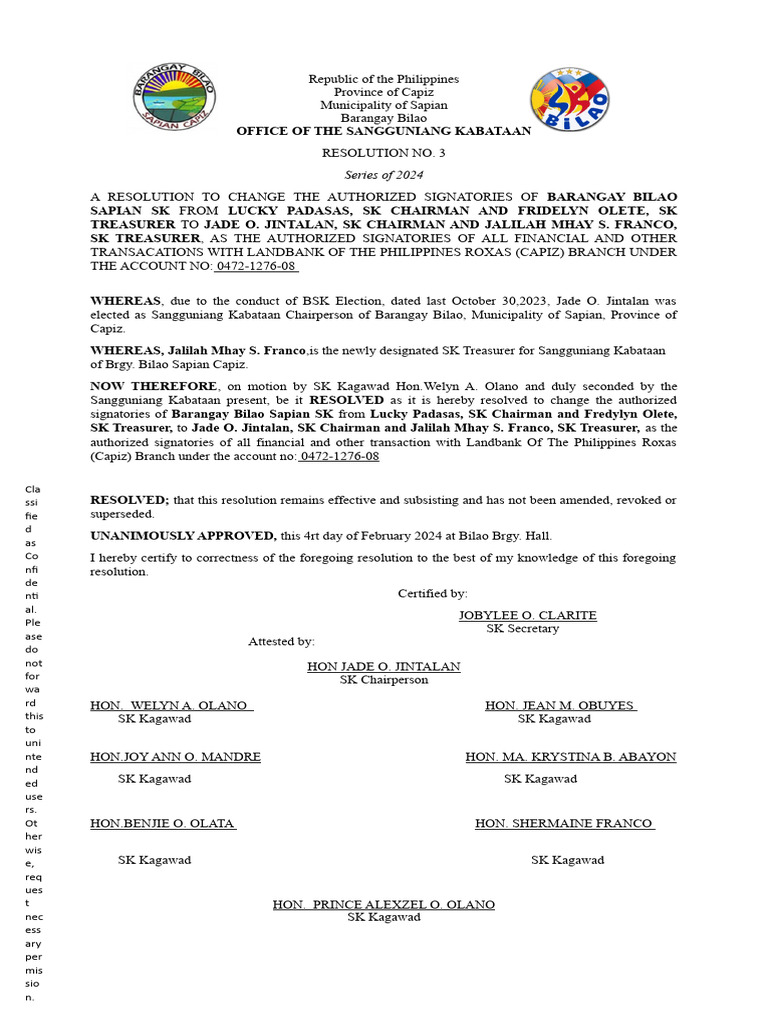 SK Signatory Change Resolution | PDF | Youth Organizations