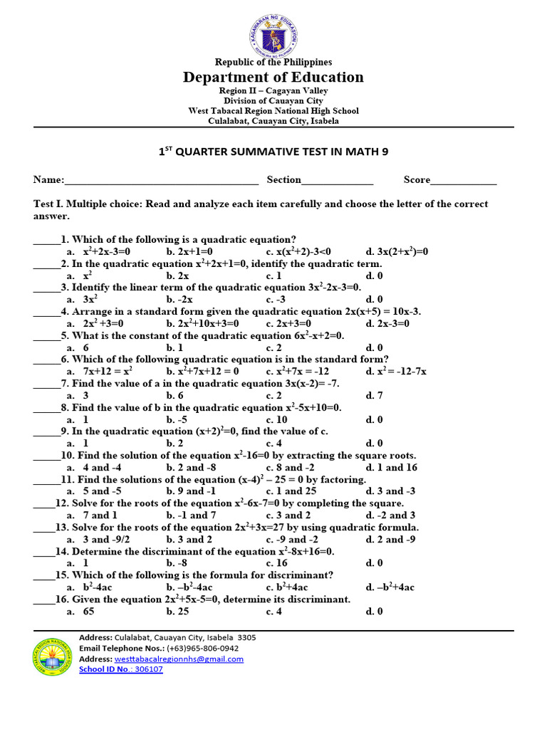 MATH 9 SUMMATIVE TEST | PDF | Mathematics | Mathematical Analysis