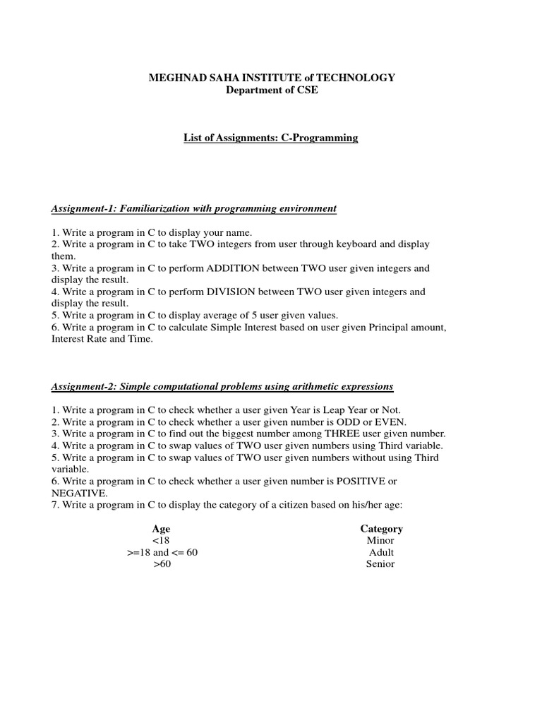 C Assignment List | PDF | Numbers | Integer