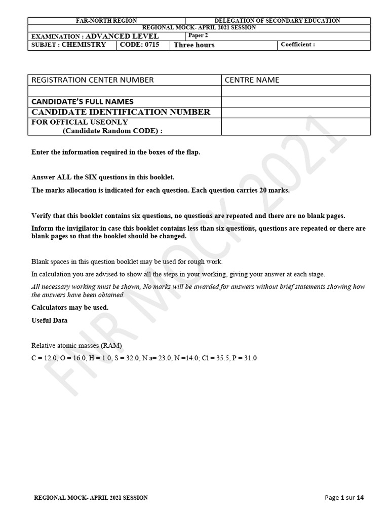 Advanced Chemistry Mock Exam 2021 | PDF | Sets Of Chemical Elements | Molecules
