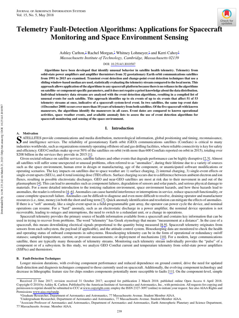 Telemetry Fault-Detection Algorithms: Applications For Spacecraft Monitoring and Space ...