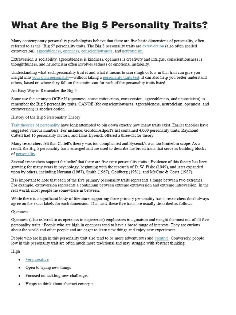 The Big 5 Personality Traits | PDF | Extraversion And Introversion | Psychological Theories