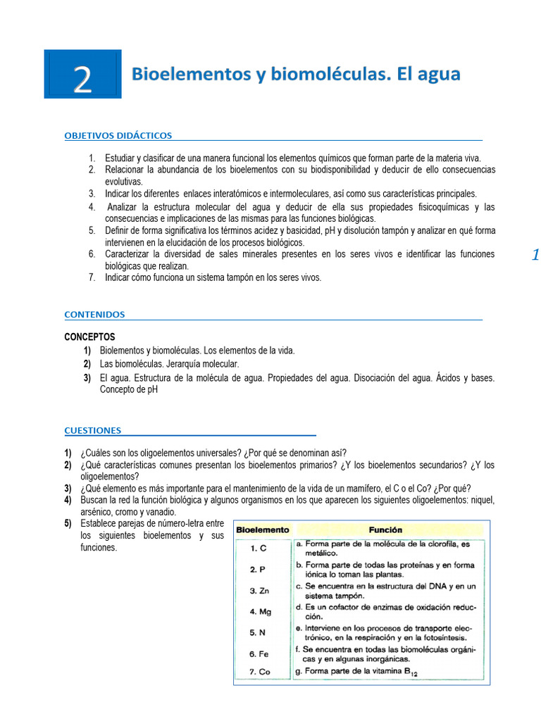 Tema 2 Bioelementos Guion y Pres | PDF | Macromoléculas | Solución tampón