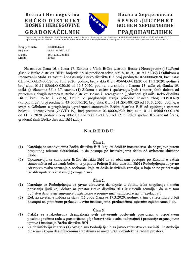 2020 03 16 Naredba Komandanta Staba Gradonacelnika | PDF