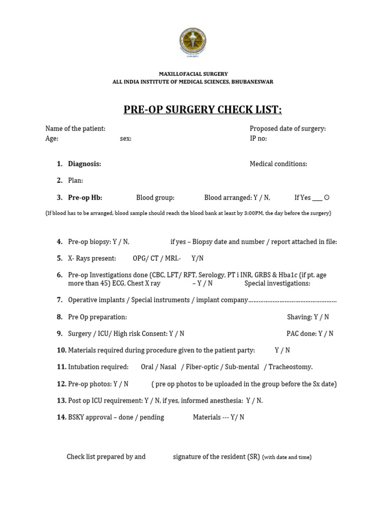 Pre Op Check List | PDF