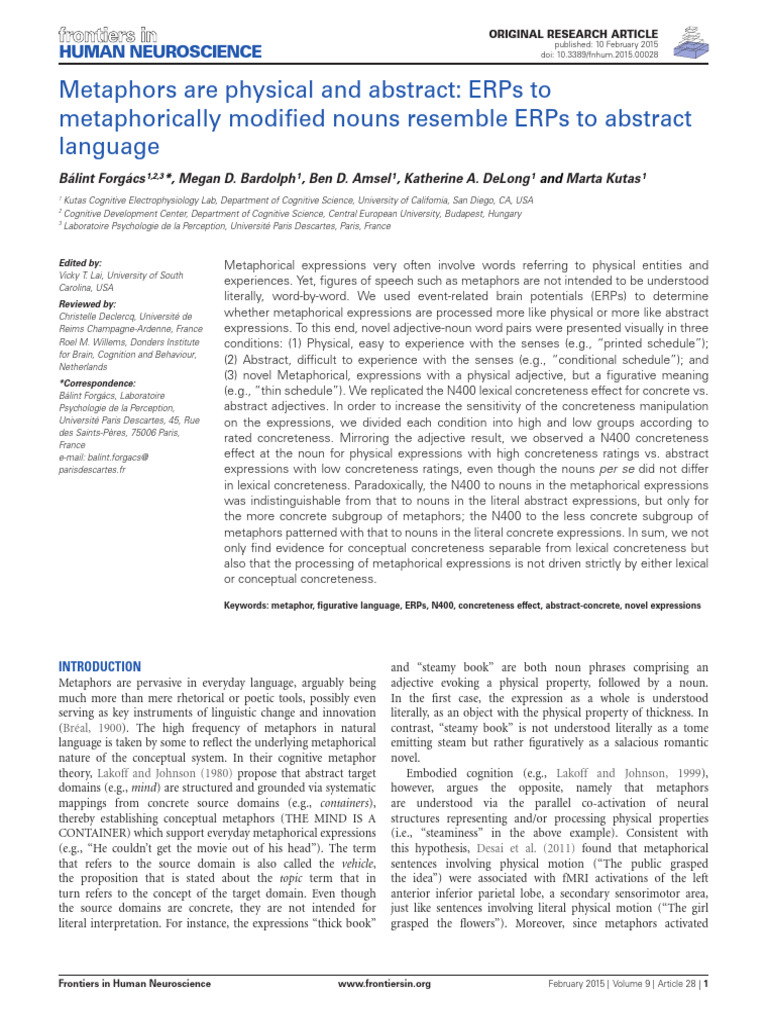 Metaphors Are Physical and Abstract: ERPs To Metaphorically Modified Nouns Resemble ERPs To ...