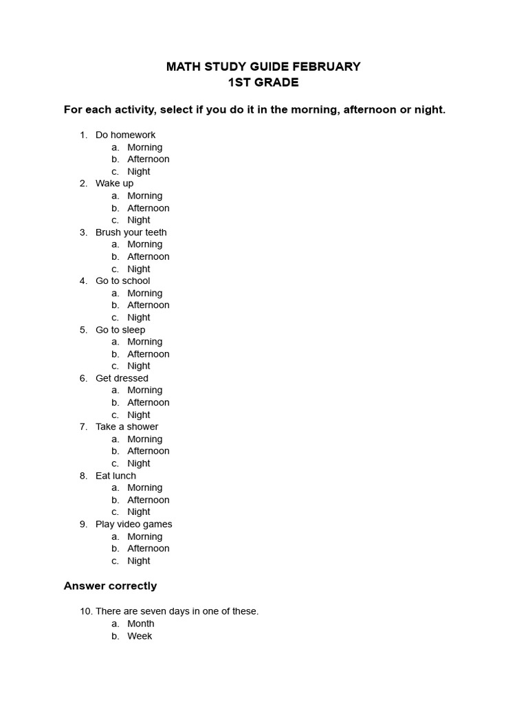 1st Grade Math Study Guide Activities | PDF