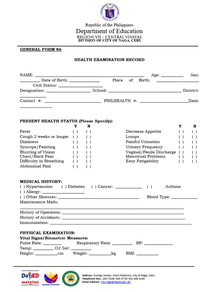 General Form 86 Health Examination Record | PDF | Diseases And ...