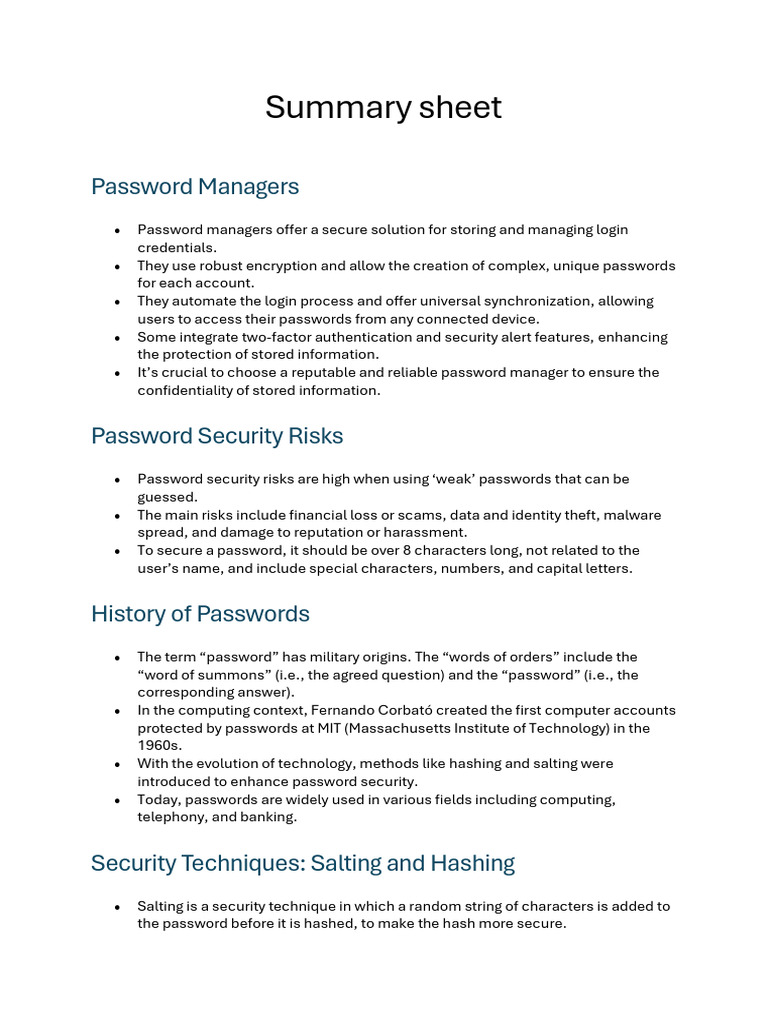 Summary Sheet | PDF | Password | Security