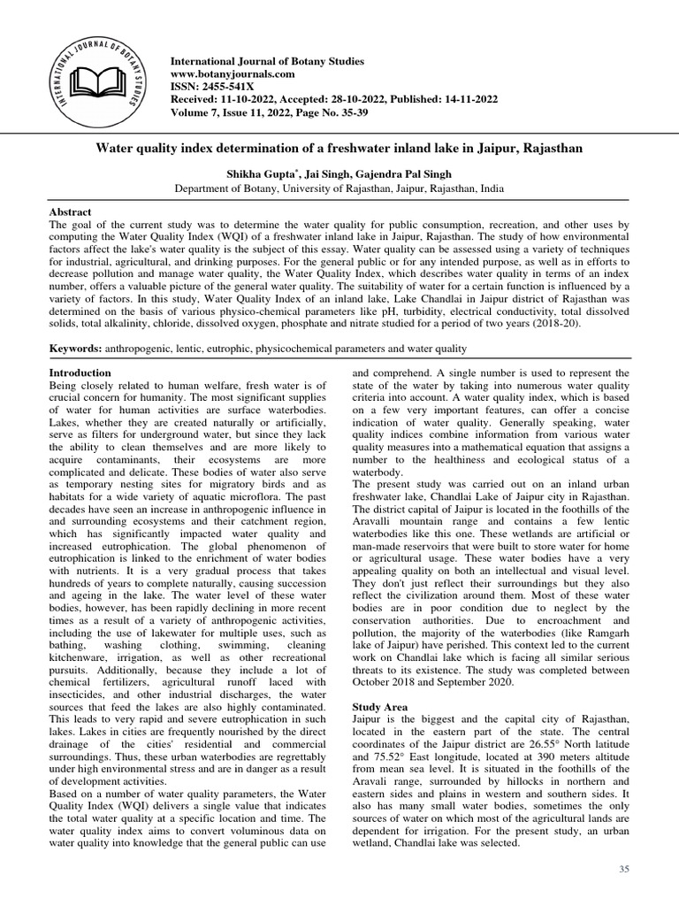 Water Quality Index Determination of A Freshwater Inland Lake in Jaipur ...