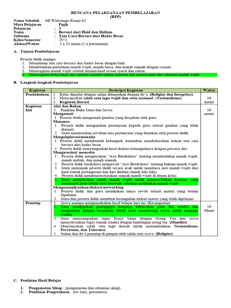 RPP Fikih Kelas 4 SMT 1 - Adiwiyata | PDF