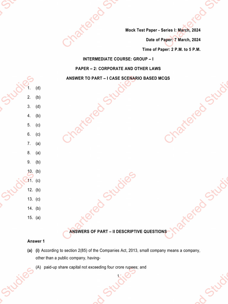 CA Intermediate Paper - 2 Corporate and Other Laws Suggested Answers ...