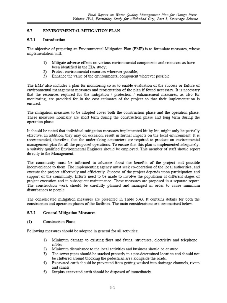 5.7 Environmental Mitigation Plan 5.7.1 | PDF | Sewage Treatment ...