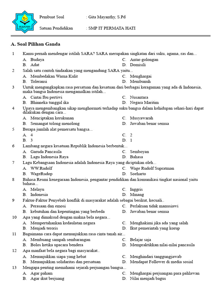 Soal PAS Genap PPKN Kelas 9 23-24 (Semester Akhir) | PDF