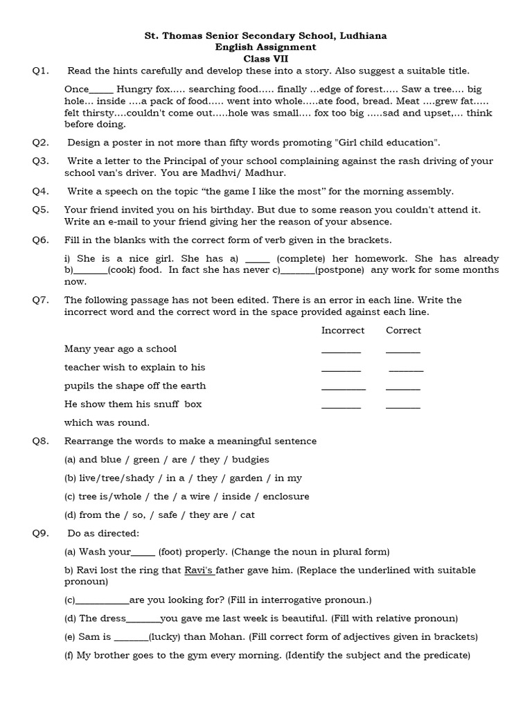 Class VII ASSIGNMENT Eng | PDF | Adjective | Pronoun