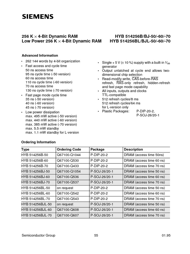 HYB514256BJ-60_SiemensSemiconductorGroup | PDF | Dynamic Random Access Memory | Integrated Circuit
