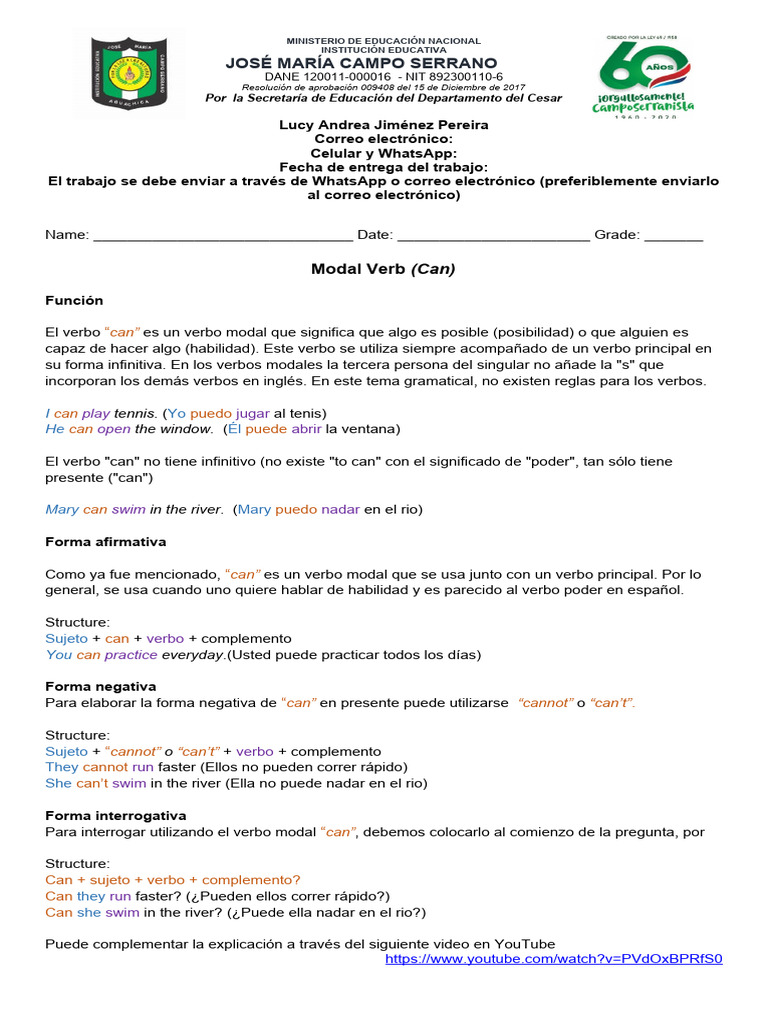 11º A, B Modal Verb Can | PDF | Verbo | Mecánica del lenguaje