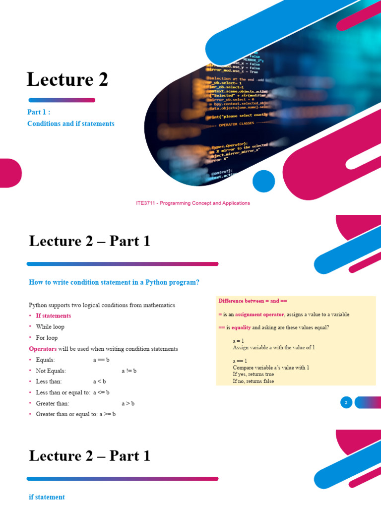ITE3711 - Lecture2.1 - Conditions and If Statements | PDF | Mathematical Logic | Computing