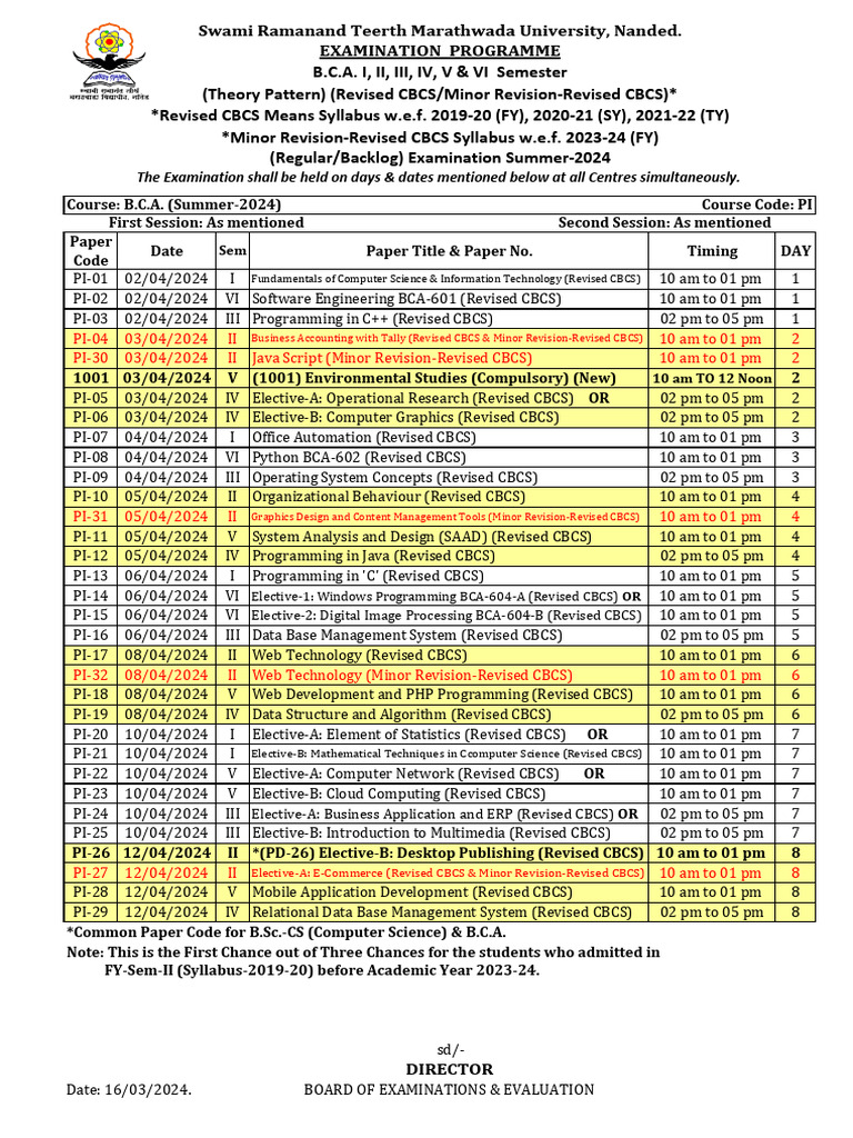 BCASummer 2024 Exam Time Table BB | PDF | Computer Programming | World ...