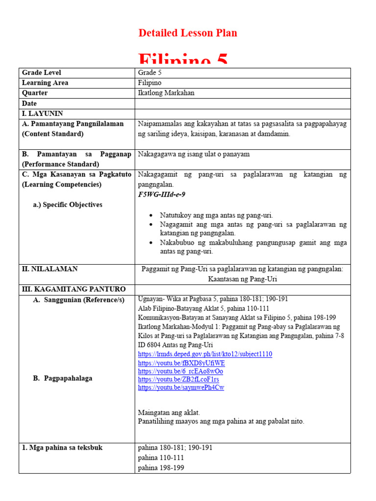 DLL For Demo Teaching - Grade 5 Filipino | PDF
