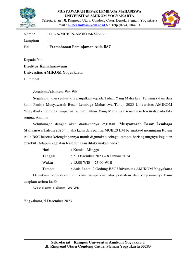 002 - Surat Peminjaman Aula BSC - Kegiatan | PDF