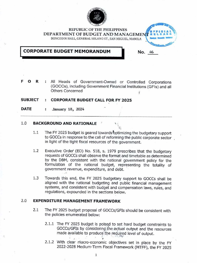 Corporate Budget Memorandum No 46 Dated January 18 2024 | PDF | Budget ...
