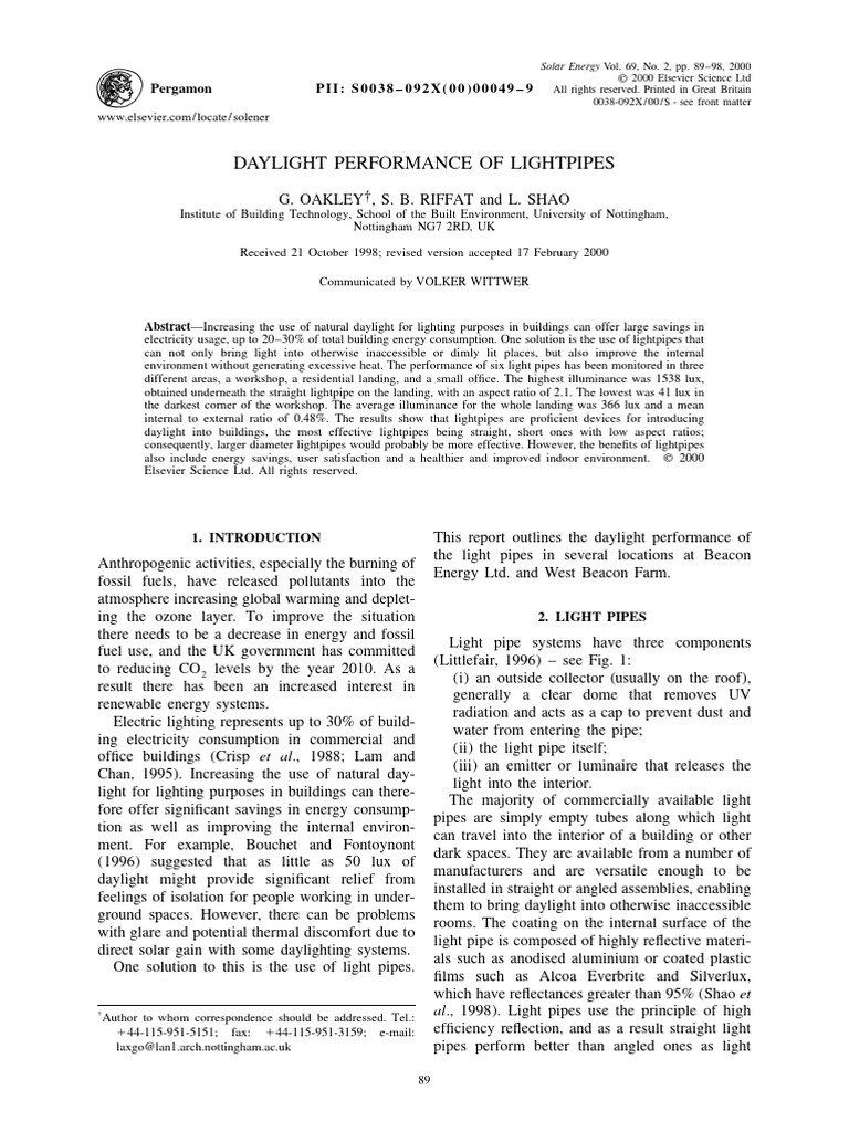 Daylight Performance of Lightpipes | Download Free PDF | Lighting | Light