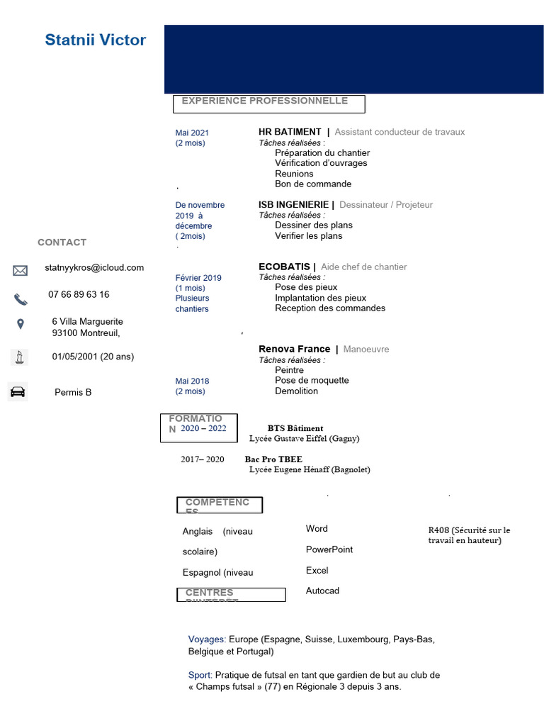 CV de Victor Statnii - Assistant Bâtiment | PDF