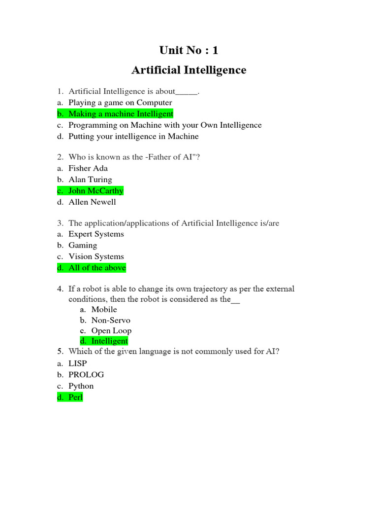 Unit No 1 MCQ | PDF | Artificial Intelligence | Intelligence (AI) & Semantics