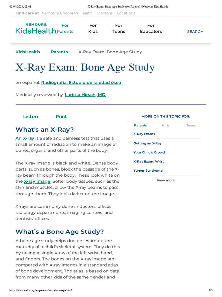 X-Ray Exam - Bone Age Study (For Parents) - Nemours KidsHealth | PDF | Clinical Medicine | Medicine