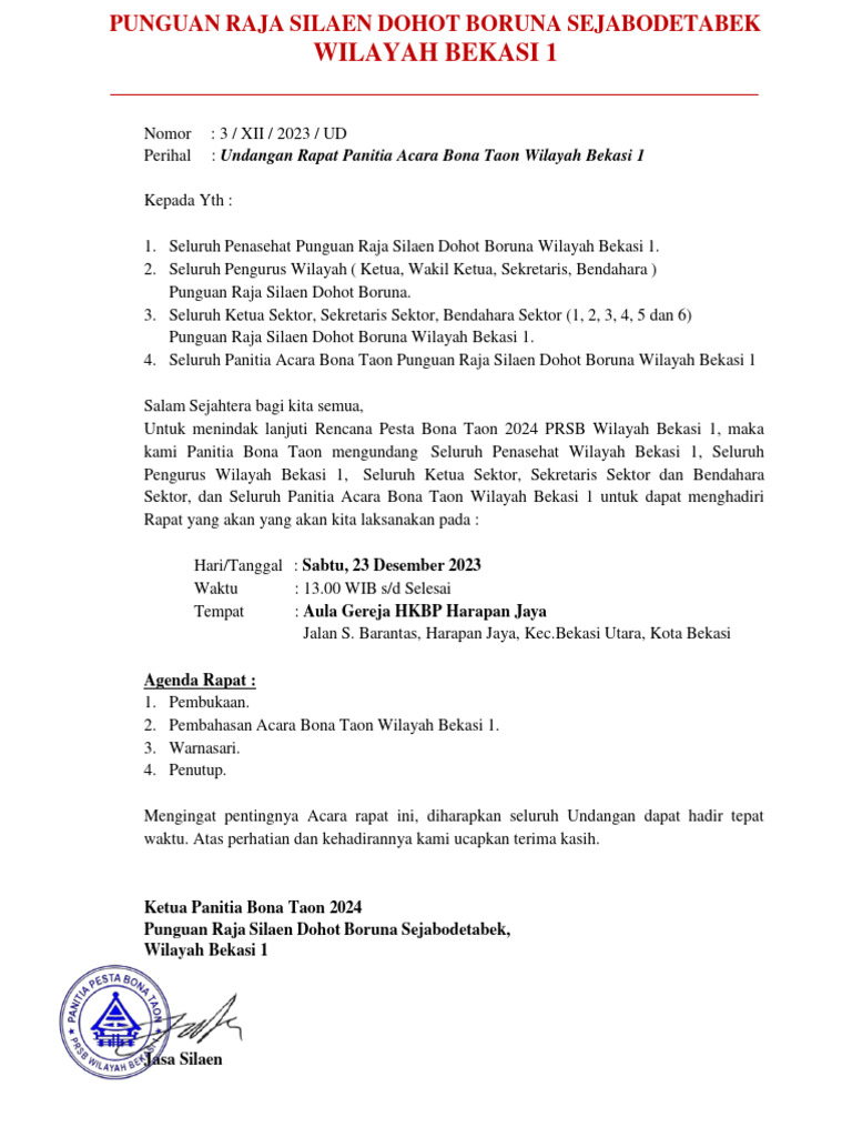 Undangan Rapat Acara Bona Taon Wilayah Bekasi 1 23 Des 2023 | PDF