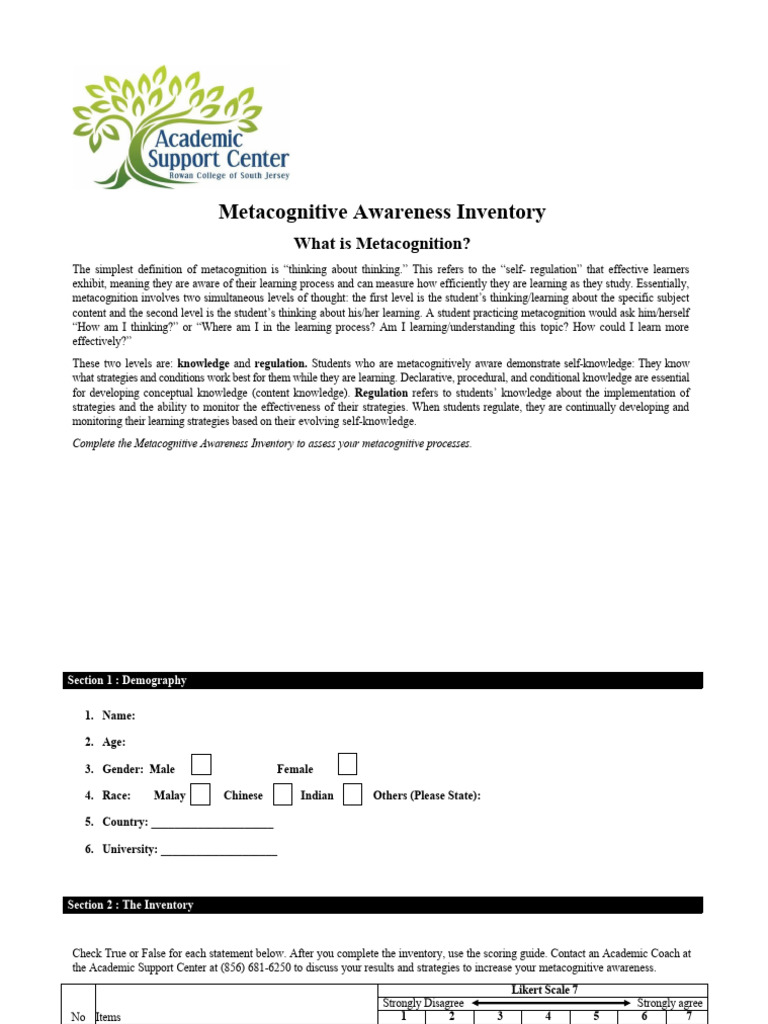 Metacognitive Awareness Inventory | Download Free PDF | Metacognition | Learning